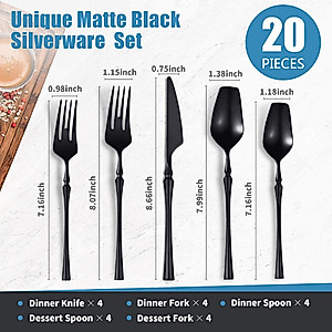 Lemeya 20-Piece Matte Black Silverware Set for 4,Modern 18/10 Stainless Steel Flatware Set,Unique Rustic Cutlery Utensils Set,Spoon and Fork Set for Home, Restaurant,Mirror Polished,Dishwasher Safe