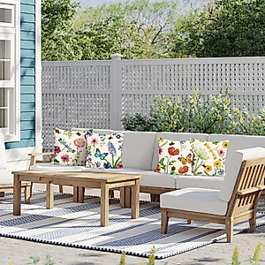 Bonhause Spring Floral Throw Pillow Covers 18x18 Set of 4 Wildflowers Plants Butterfly Patio Decorative Pillow Cushion Cases Outdoor Cushion Covers for Couch Sofa Bedroom Car Home Decor