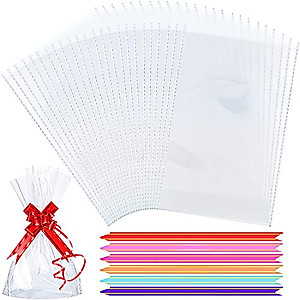 HESTYA 50 Counts Clear Flat Cello Treat Bags Cellophane Block Bottom Storage Bags Sweet Party Gift Home Bags with 60 Pieces Colorful Bag Ties (15 x 25 cm/ 5.9 x 9.8 Inch)