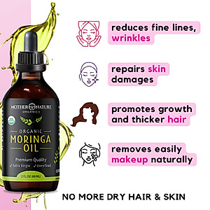 Moringa Oil - USDA Certified Organic, 100% Pure, Cold Pressed & Unrefined Gluten Free Oil (2oz) - Natural Moisturizer for Skin, Face, Body & Hair - Non-GMO & Vegan