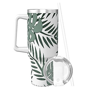 Xiexide 40oz Rustproof Outdoor Green Botanical Palms Leaves Double Walled Vacuum Insulatedith Handle And Straw,Hot & Cold Drinks