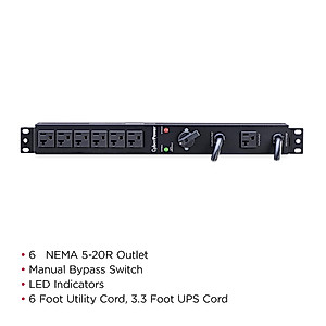 CyberPower MBP20A6 Maintenance Bypass PDU, 120V/20A, 6 Outlets, 1U Rackmount Black