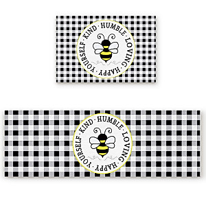 Savannan Kitchen Rug 2 PCS Set Floor Mat, Bee Black White Checkered Kind Humble Loving Happy Yourself Non-Slip Soft Absorbent Runner Mat Doormat for Doorway Bathroom Bedroom Laundry