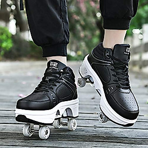 KOFUBOKE LED Deformation Roller Skate Shoes Double-Row Walking Shoes with Invisible Wheels 2 in 1 Removable Pulley Parkour Skating (Black, 3.5)