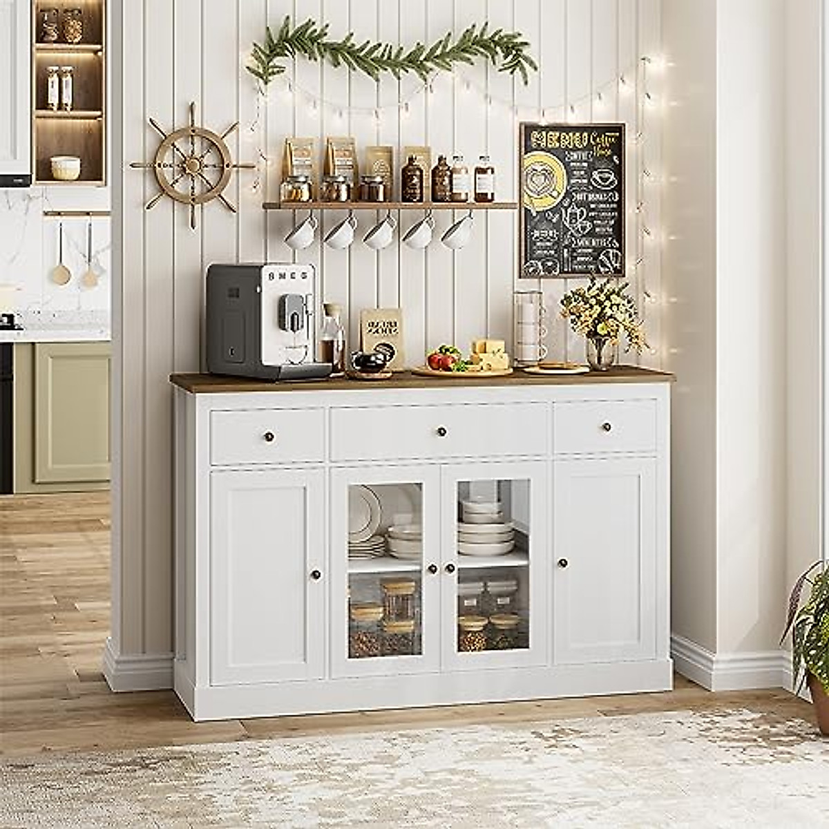 HOSTACK Sideboard Buffet Cabinet with Storage, 55" Large Kitchen Buffet Storage Cabinet with Drawers and Glass Doors, Modern Farmhouse Coffee Bar Cabinet, Wood Buffet Table Dining Room Cabinet, White