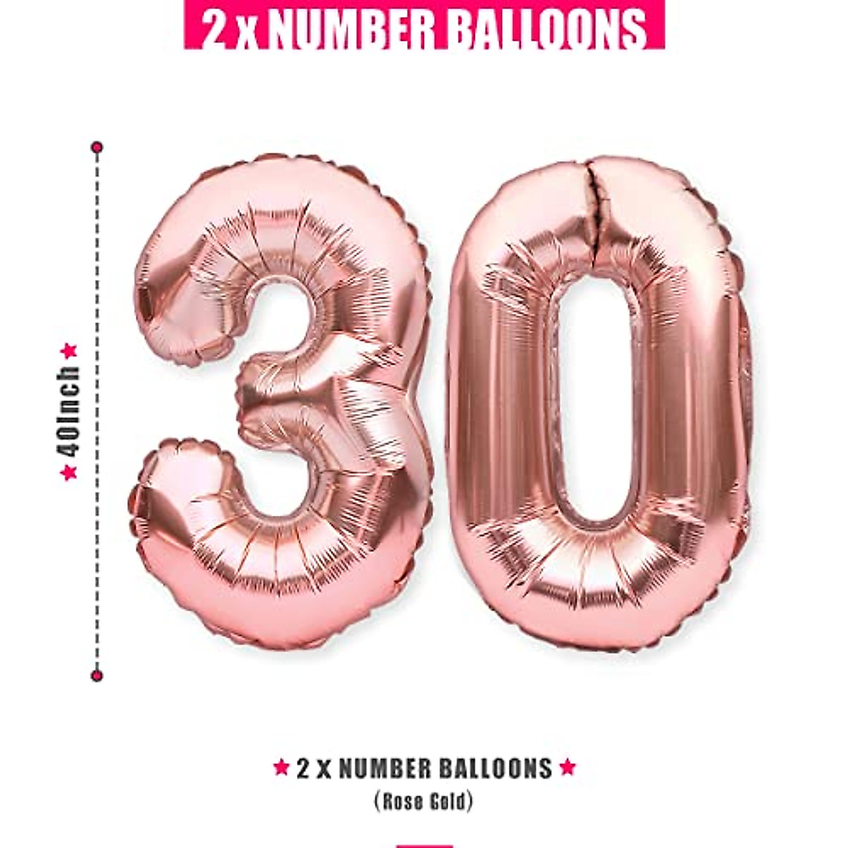 PartyForever Rose Gold Dirty 30 Balloon Birthday Decorations for Her Dirty Thirty 30th BDay Supplies for Women