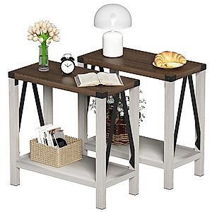 ChooChoo Farmhouse End Table Set of 2, Narrow Side End Table with Storage Shelf, Rustic A-Design Nightstand Sofa Table for Living Room, Bedroom(White&Brown)