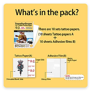 TransOurDream White Printable Temporary Tattoo Transfer Paper for Inkjet & Laser Printer (A+B per Set, 10 Sets, 8.5x11") DIY Personalized Waterproof Temporary Tattoos for Skin (TAT9-10)