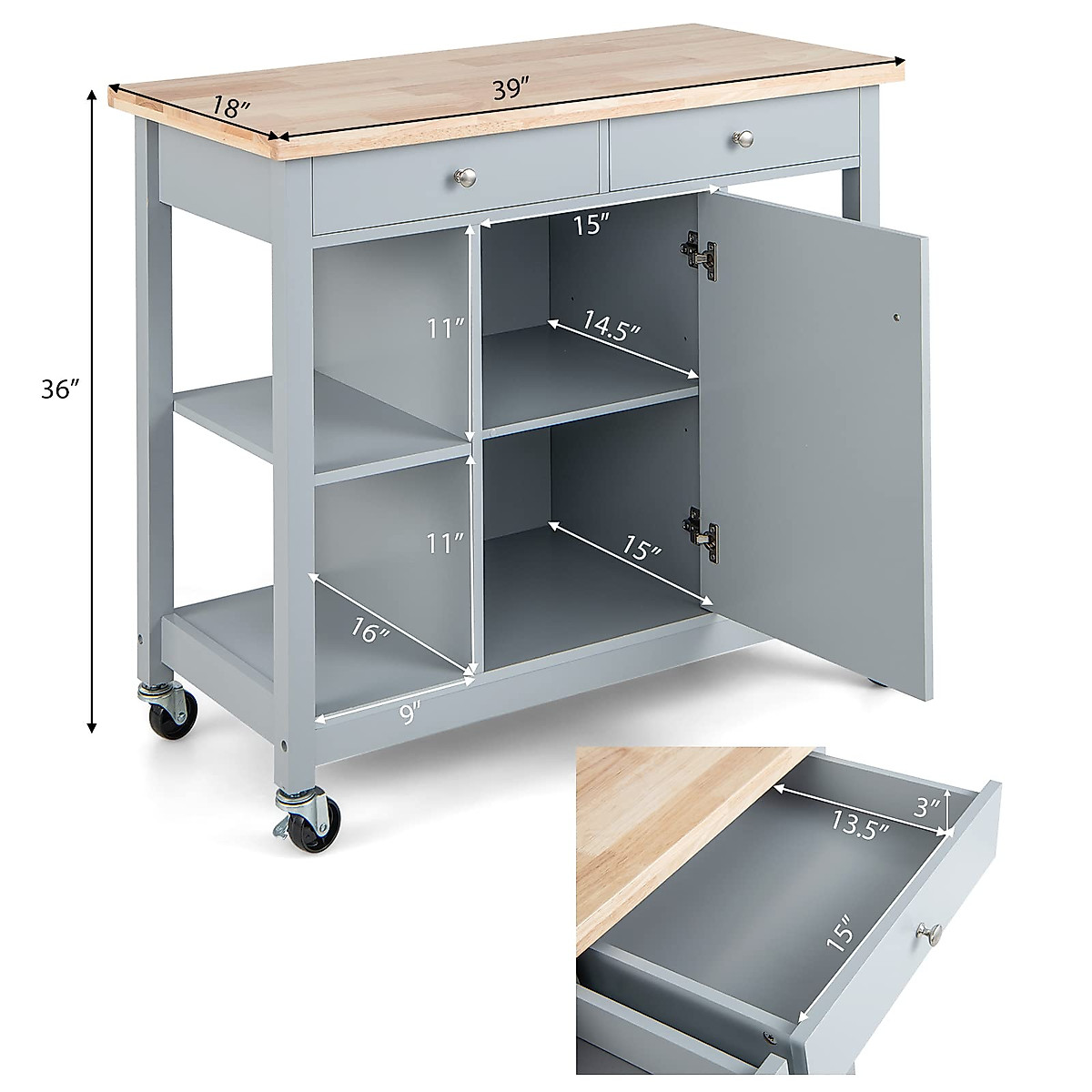 Giantex Mobile Kitchen Island Cart, Rolling Kitchen Island w/Rubber Wood Top, 4 Open Shelves, 2 Deep Drawers, 1 Enclosed Cabinet, Serving Utility Trolley on Wheels for Kitchen, Dining Room (Gray)