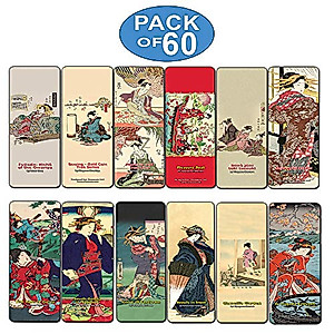 Creanoso Japanese Ladies Bookmarks (60-Pack) Oiran Geisha Kimono Woodblock Print – Inspirational Japanese Art Impressions Bookmarker Cards – Premium Gift Collection for Men & Women, Teens – Page Clip