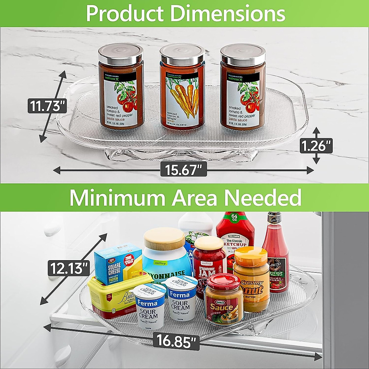 NEKTARE Lazy Susan Turntable Refrigerator Organizer, 15.67'' Clear Rectangular Fridge Organizer Storage, Lazy Susan Organizer for Cabinet, Table, Pantry or Kitchen Countertop Organizer