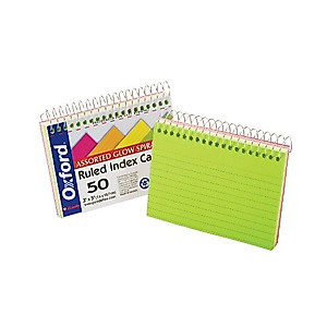 Oxford Spiral Bound Glow Index Cards, 3" x 5", Ruled, Assorted Bright Colors, 50 Cards per Book (40281)