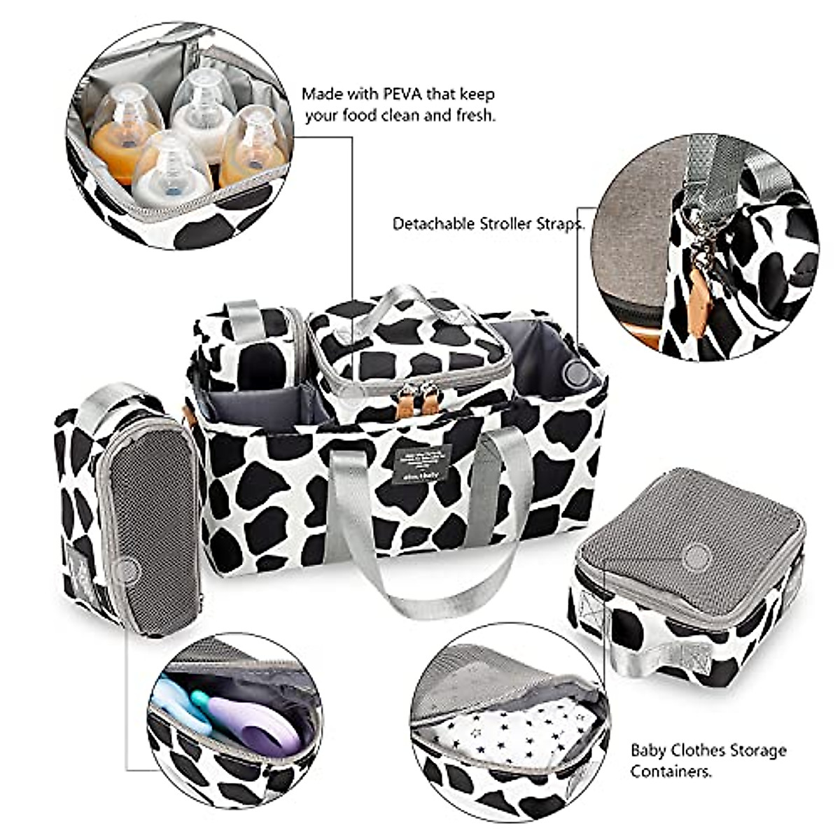 Baby Diaper Caddy Bag - 5pcs Set Diaper Stroller Bag Organizing Pouches Baby Basket Diaper Storage Caddy With Insulation bag (Black&White)