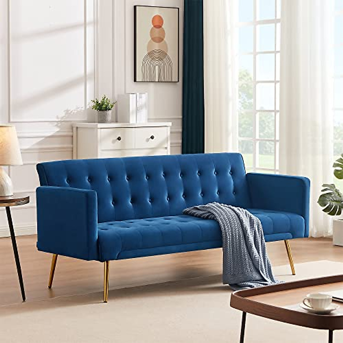 ERYE Futon Sofa Loveseat Convertible Sleeper Couch Bed for Small Space Apartment Office Living Room Furniture Sets Sofabed, Navy Blue Velvet 70.07" W
