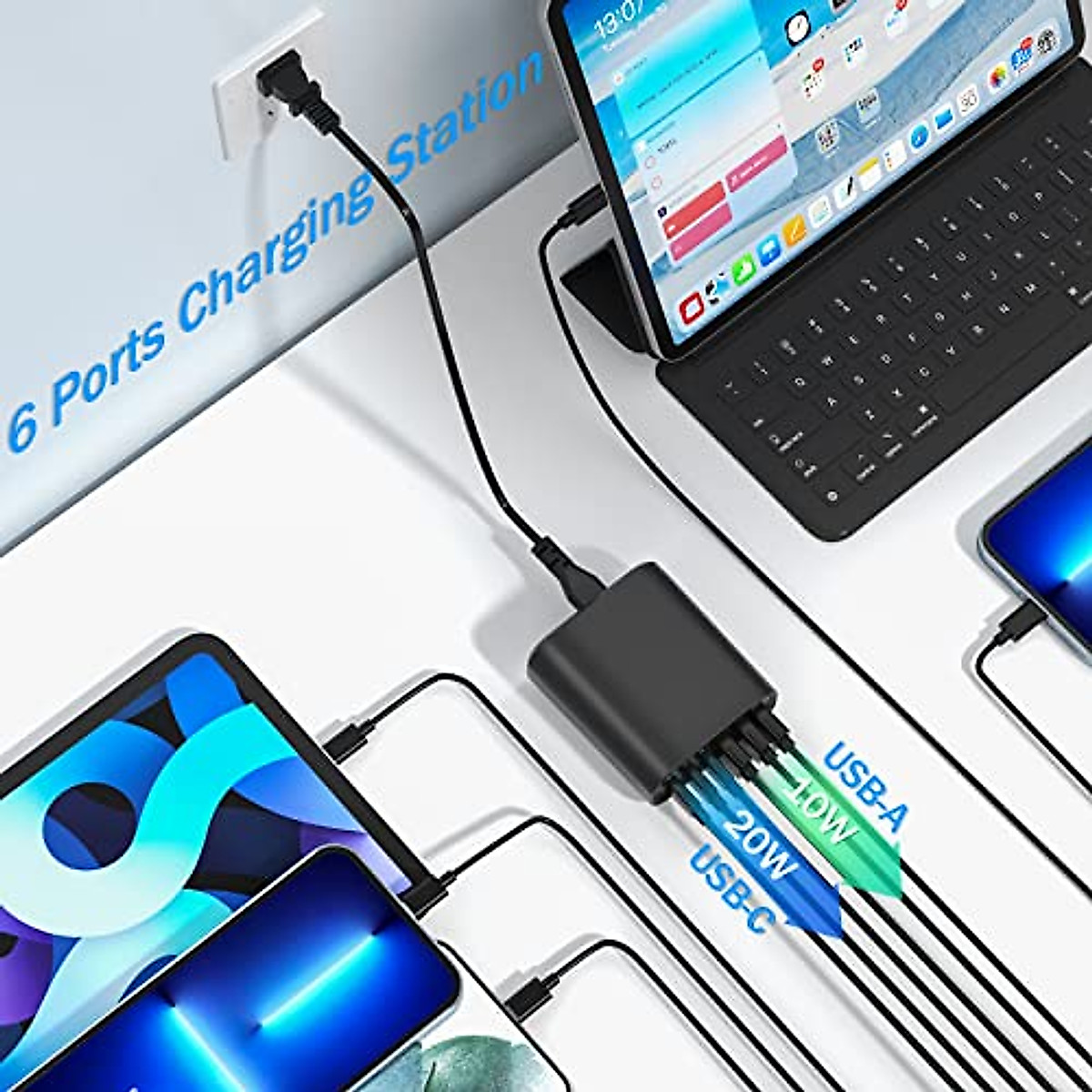 USB C Charger,100W 6 Port USB C Charging Station with 3 USB C Ports and 3 QC USB A Ports, Portable PD Fast USB C Wall Charger for iPhone 14/13/12/11/Airpod/Pro/iPad/iWatch/Galaxy/Google Pixel and More
