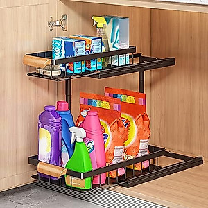 Tainrunse Sliding Cabinet Organizer Kitchen Shelf Maximize Storage with Durable 2-Tier Rust-Resistant Metal Construction for Easy Access Under Sink Narrow Black