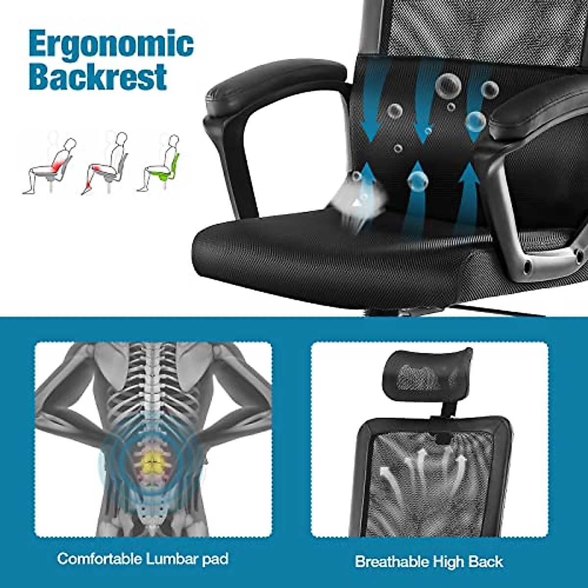 Ergonomic High Back Office Chair – Breathable Mesh Office Chair with Adjustable Headrest and Lumbar Support, Executive Chair with Padded Armrest, Height Adjustable Computer Task Chair Swivel Rolling