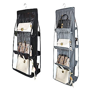 LEEFONE 2 Pack Hanging Handbag Purse Organizer, Dust Proof Storage Holder Bag Wardrobe Closet Space Saving Organizers System, Washable, 1 PC x 8 Pockets + 1 PC x 6 Pockets (Grey + Black)