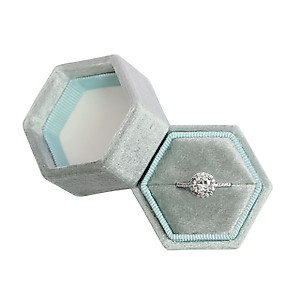 BLUTETE Hexagon Velvet Jewelry Single Slot Ring Box Engagement Wedding Box Keepsake Box Bridal Photo Ring (Sage Green)