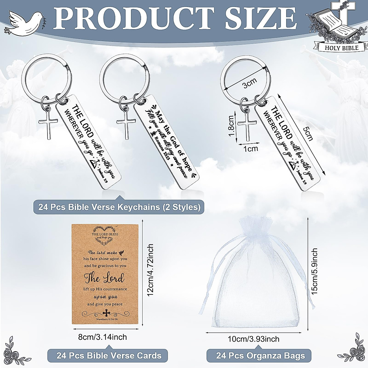 Siifert 24 Sets Christian Keychain Bible Verse Cross Keychain Bulk Religious Prayer Gifts for Women Men Christmas (Silver,Rectangle)
