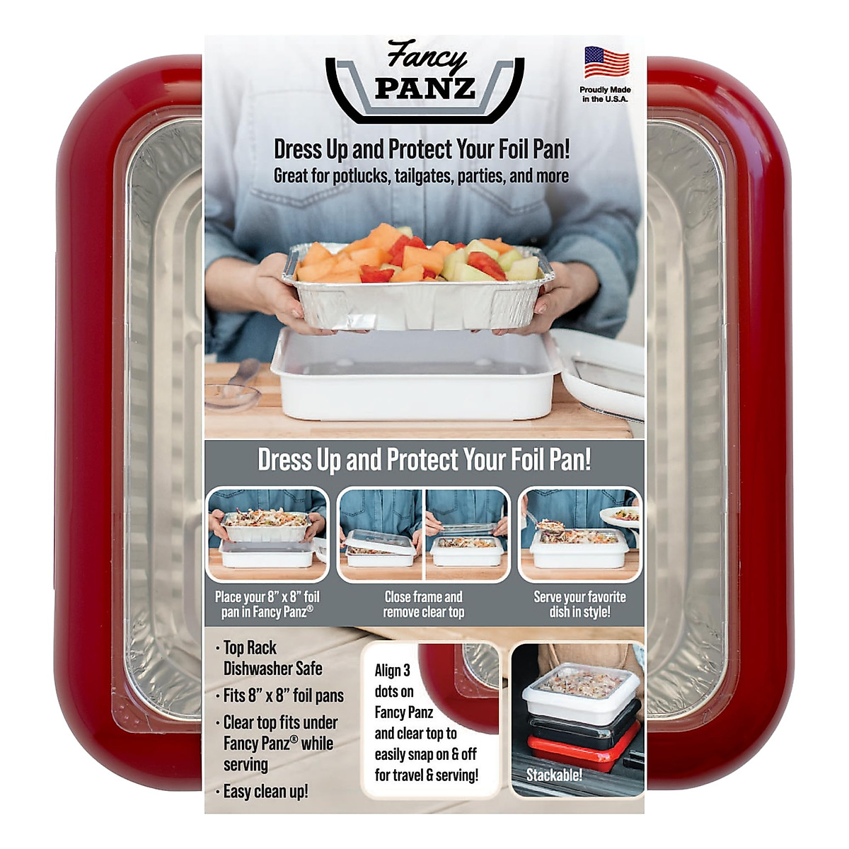 Fancy Panz, Serving Tray for Food, Made in the USA Foil Pan Carrier, Stackable Aluminum Pan Holders, 8x8 Travel Casserole Carrier With 1 Disposable Foil Pan & Serving Spoon, Red