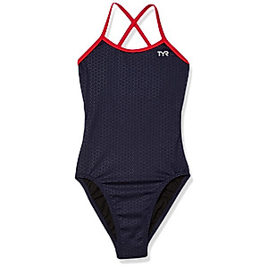 TYR Women's Standard Durafast Elite Trinityfit Swimsuit, Navy/RED, 36