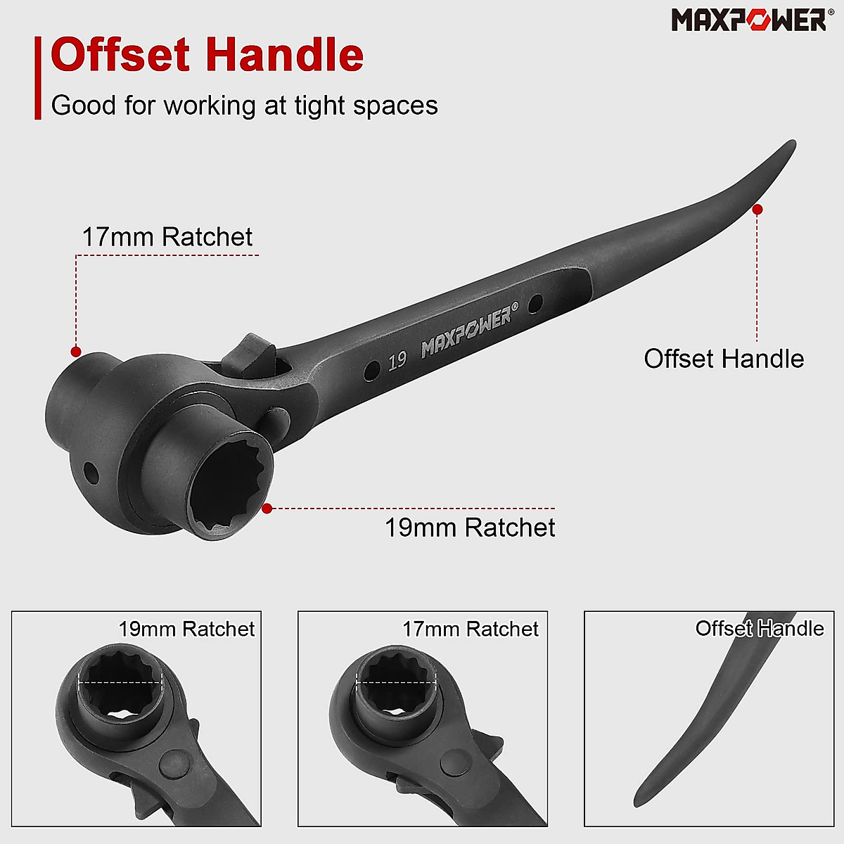 MAXPOWER 2 Pieces Spud Ratchet Set, 3/4 Inch x 7/8 Inch Dual Socket Spud Ratchet, 17mm x 19mm Metric Spud Ratchet Scaffold Wrench