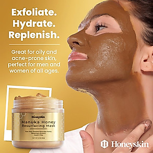 Honeyskin Bentonite Clay Face Mask with Manuka Honey - Gentle Face Exfoliator - Hydrating Facial Mask for Acne Prone and Dry Skin - Face Mask Skin Care w/ Pore Minimizer and Deep Cleanser (3oz)
