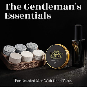 Whiskey Chilling Stones & Beard Care Grooming Kit Gift Set - 6 Handcrafted Granite Round Rocks -  Sandalwood Scent Oil & Balm - Whiskey Gift for Men in Elegant Gold Foil Box