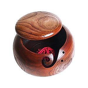 LEMCC Wooden Yarn Bowl with Lid Handmade Knitting Wool Storage Basket with Holes Crocheting Accessories Kit Organizer for Mothers Day and Christmas Gift, Medium