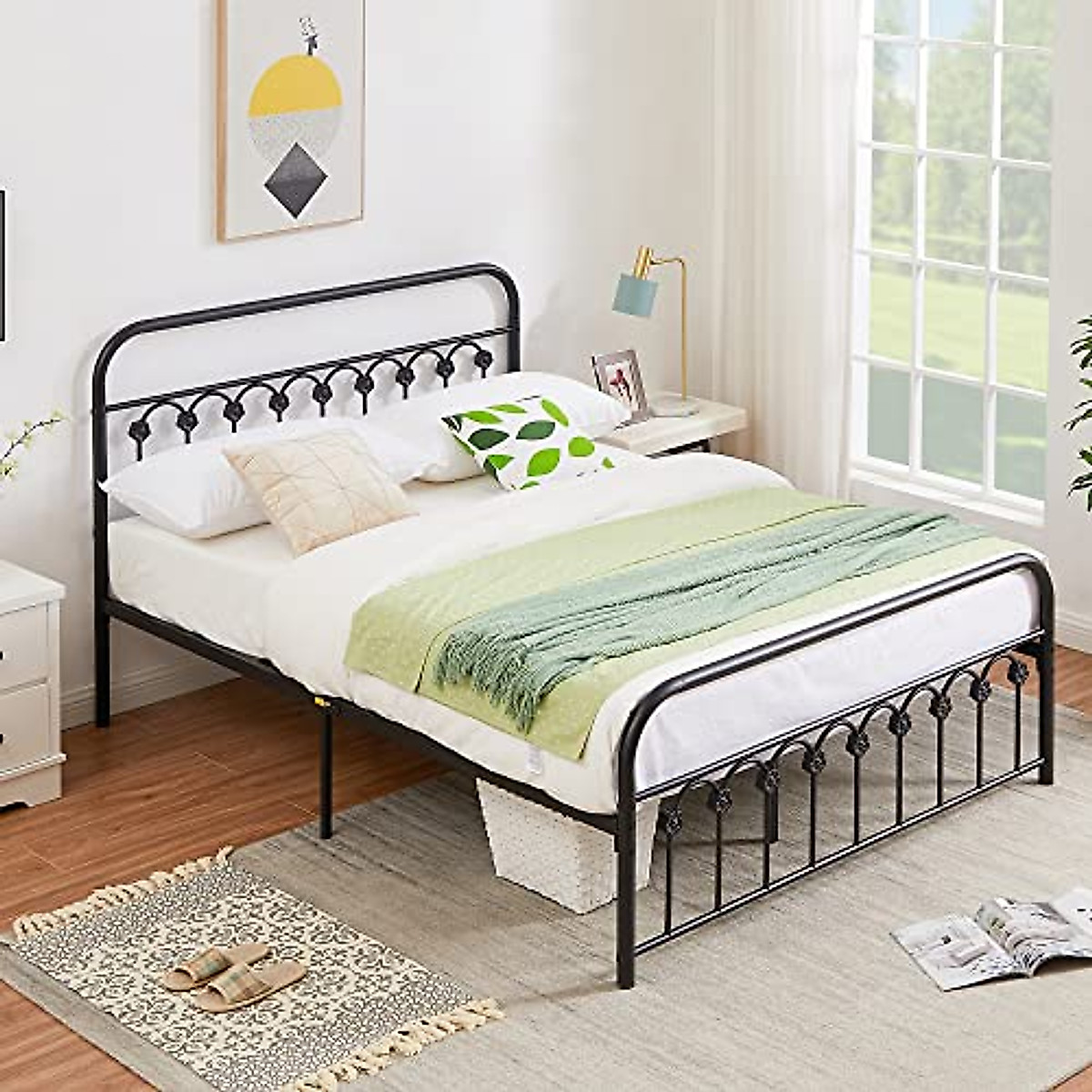 VECELO Bed Frame, Queen Size Metal Platform with Headboard & Footboard, Premium Steel Slat Support Mattress Foundation,No Box Spring Needed