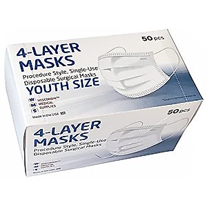 WMS Small Ear Loop 4-Layer Youth Face Masks, Wisconsin Medical Supplies, MADE IN USA, 1 Pack (50 Masks)