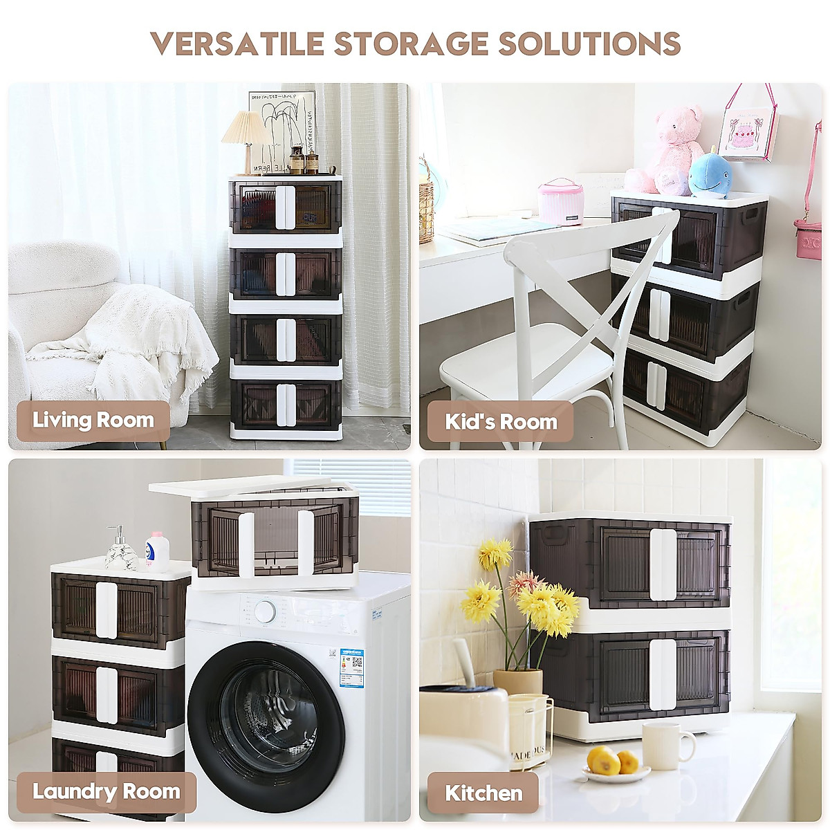 Sea Team 4-Pack Stackable Plastic Storage Bins with Lids, 8.4 Gal Collapsible Closet Organizers, Lidded Large Storage Baskets with Wheels Doors and Handles, White