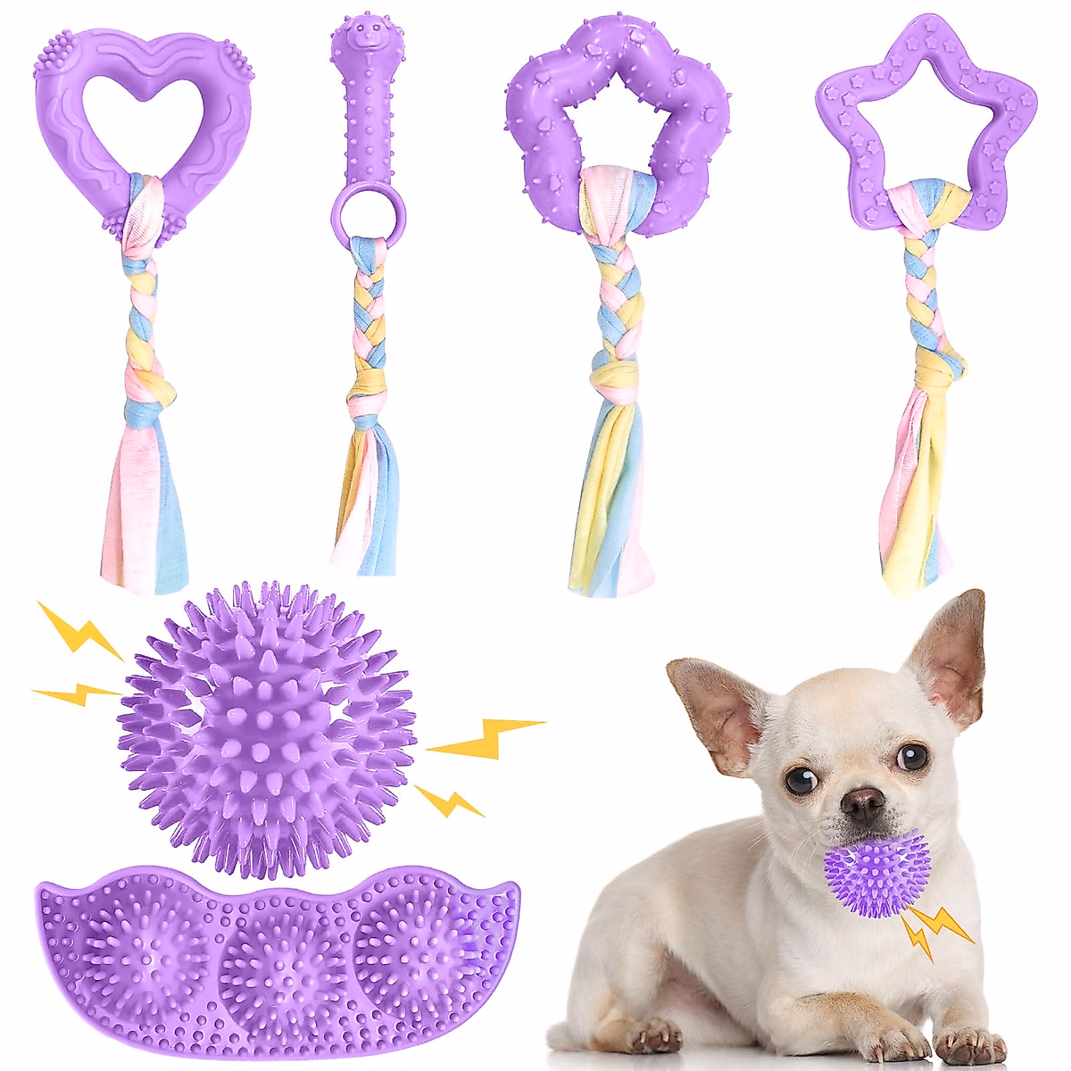 ABRRLO 6 Pack Puppy Teething Toys Cute Small Dog Toys Durable Puppy Chew Toys for Teething Essentials Purple Soft Rubber Small Breed Dog Squeaky Toys Balls for Puppies Interactive Doggy Chews Toys Set