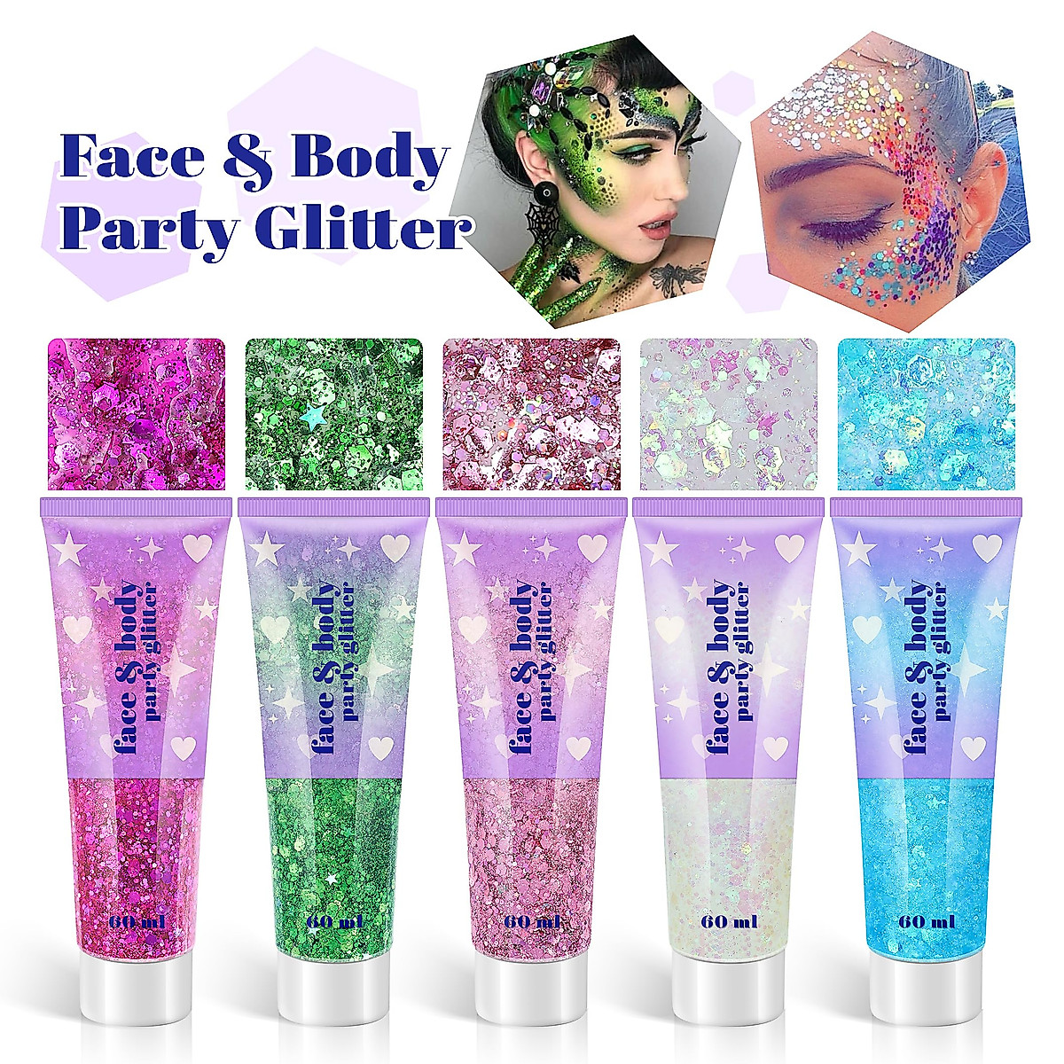 Body Glitter Gel, 2 Jars Holographic Chunky Glitter Makeup for Body, Hair, Face, Nail, Lip, Eyeshadow, Total 120ML Long Lasting Iridescent Chunky Glitter for Concert Festival Rave (Red & Black)