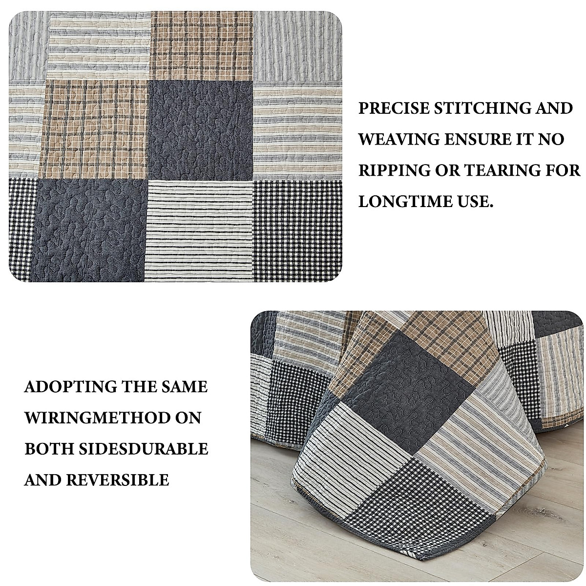 Y-PLWOMEN Quilt Set King Size, 100% Cotton Quilt Bedding Set, Patchwork Plaid Quilted Bedspread, Lightweight Reversible King Comforter Set for All Season, Grey/Brown/White/Black, 3-Pieces