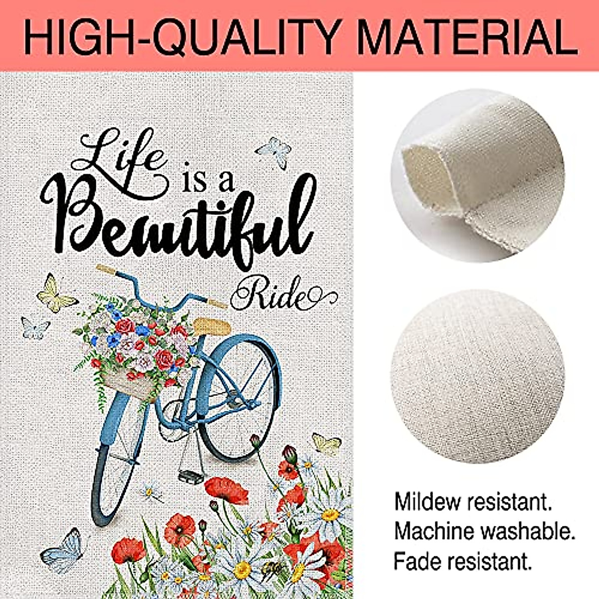 AGMdesign Life is a Beautiful Ride Garden Flag, Bicycle Ride Decorative Spring Summer Floral Garden Flag, Double Sided Waterproof Burlap Yard Flag Seasonal Summer Outdoor Decoration 12.5 x 18 Inch