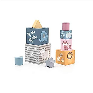 moderngenic Geometric Wooden Boxes | Blocks Stacker, Stacking & Nesting Educational Tower with Shapes, Pictures of Animals and Numbers for Toddlers