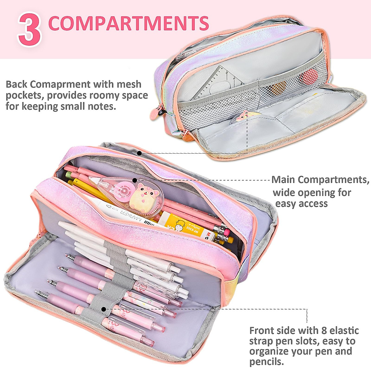 BETURETOP Glitter Rainbow Pencil Case for Girls, Large Capacity Pencil Pouch Pen Bag Organizer with 3 Compartments for Kids Students School Office Supplies Back to School Gifts