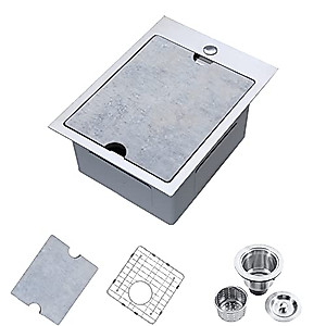 UFaucet 15x20 Drop in Bar Sink Top Mount Stainless Steel Wet Bar Sink 15 Inch Topmount Handmade Modern Commercial Small Kitchen Sink Single Bowl Workstation Prep Sink with Grid&Strainer&Cutting Board