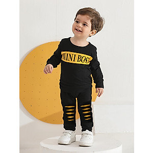 Limuvany Toddler Infant Baby Boy Clothes Long Sleeve Letter Print Sweatshirt Tops + Pants 2 PCS Sweatsuit Outfit (6-9 Months) Black