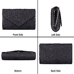 BAGLAMOR Women's Elegant Floral Lace Envelope Clutch Evening Prom Handbag Purse (Black)