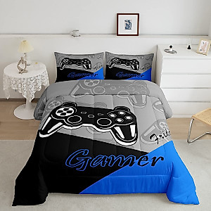 Feelyou Gaming Comforter for Boys Teen Video Game Bedding Set for Kids Gamer Comforter for All Season Gamepad Home Decor for Comforter Set Queen Size,1 Comforter with 2 Pillowcases Blue Black Grey