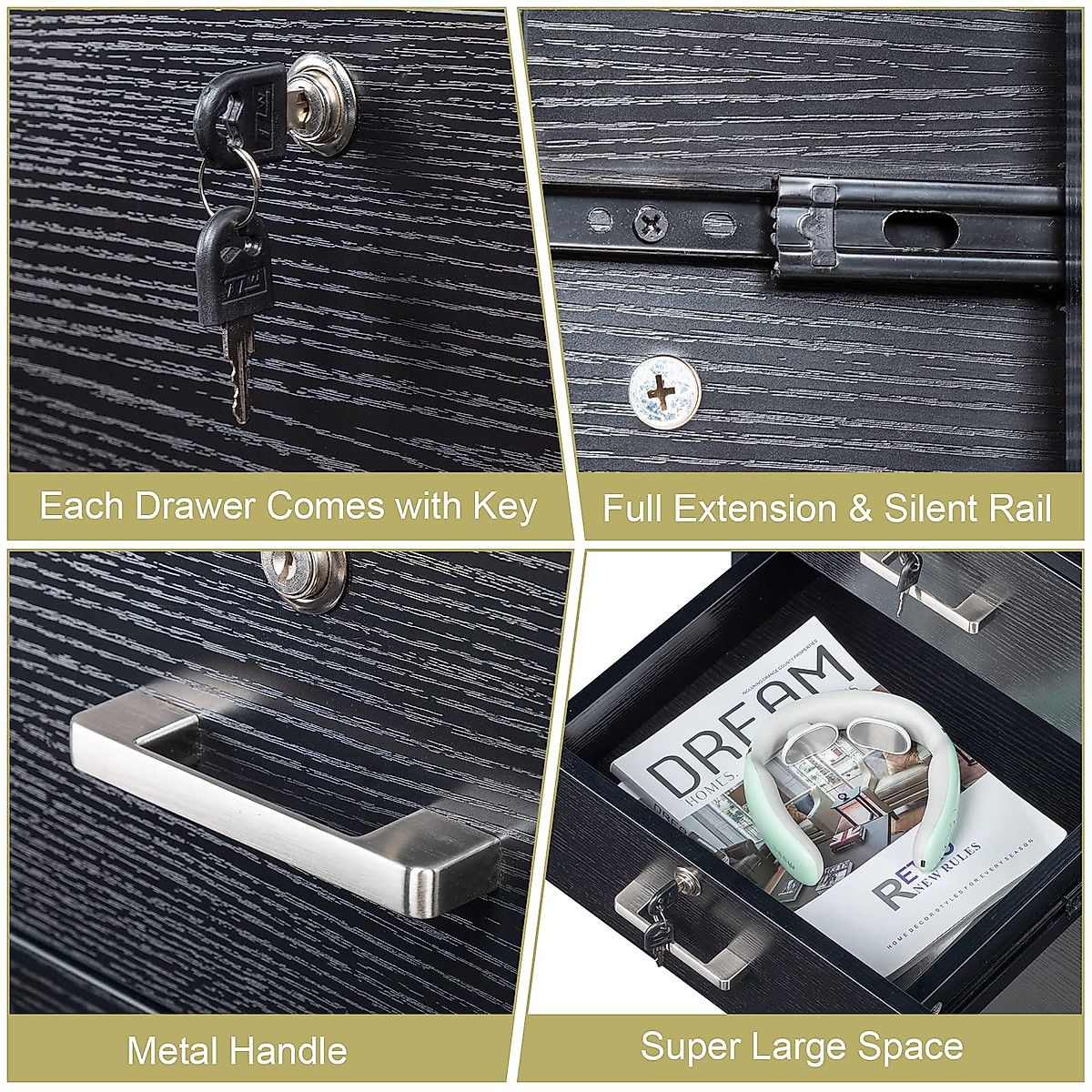 Bonnlo 26" H 3 Drawer File Cabinet with Lock, Rolling File Cabinet Under Desk, Mobile File Cabinets for Home Office, Wood Black File Cabinet Printer Stand for Letter Size Hanging/Manila File Folders