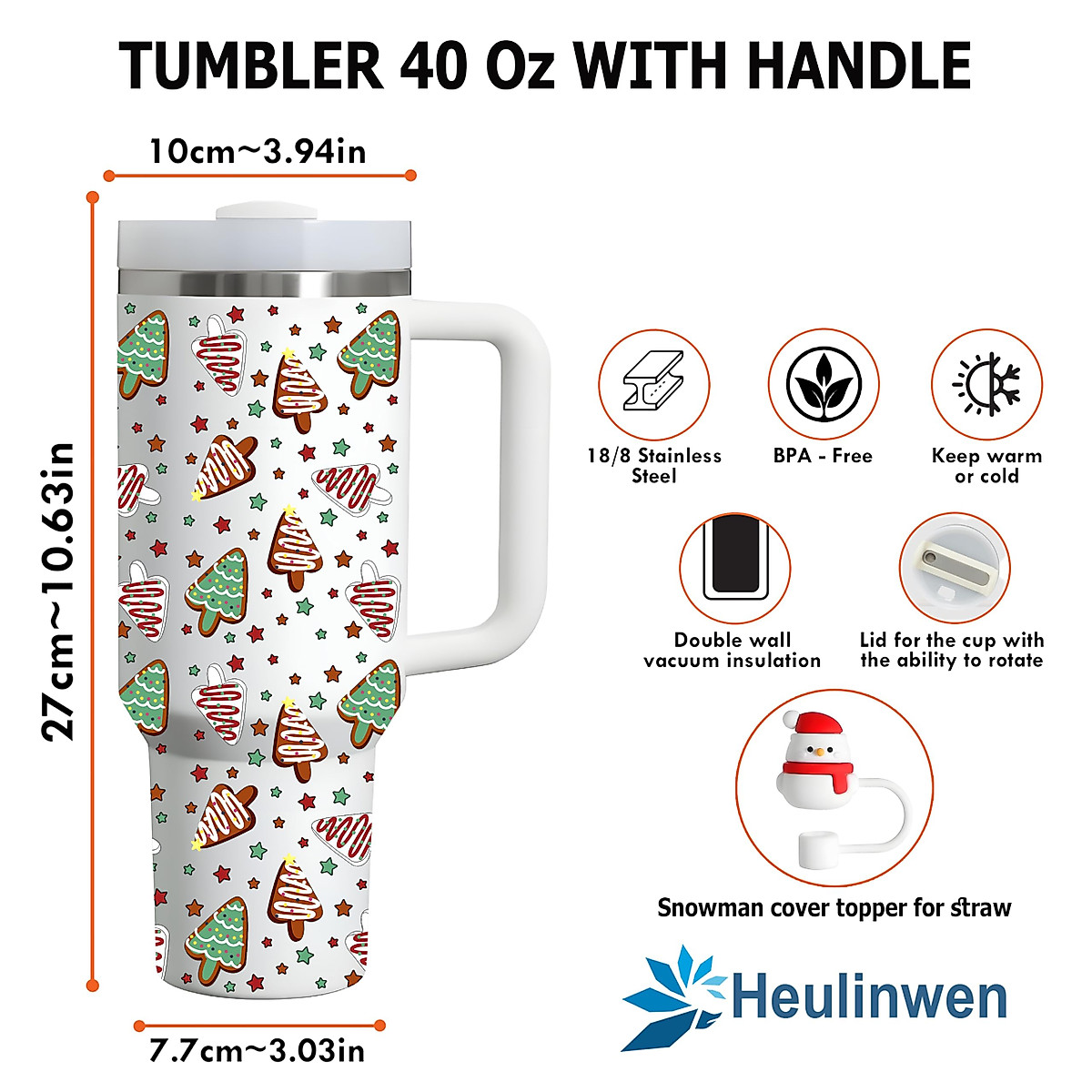 Christmas Tree 40oz Tumbler With Handle and Straw, Santa Stainless Steel Tumbler, Double Walled Noel Cup Gifts For Women Men