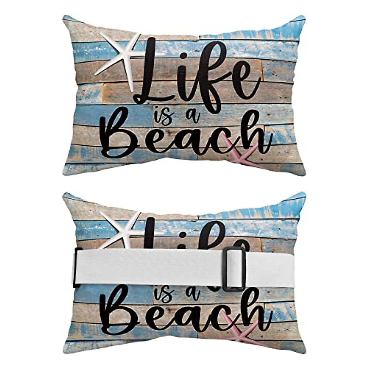 Recliner Head Pillow Ledge Loungers Chair Pillows with Insert Wooden Board Quotes - Life is Better at The Beach Lumbar Pillow with Adjustable Strap Patio Garden Cushion for Sofa Bench Couch, 2 PCS