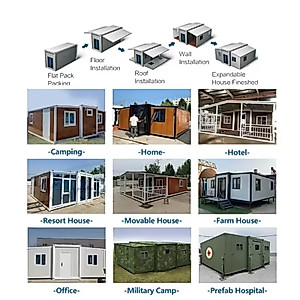 2 Bed 1 Bath Home 1 Kitchen 20FT Expandable Folding Mobile Tiny House Prefabricated with Large Windows, Tiny Homes to Live in for Adults Customizable for Office use，Large Container House