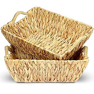 Graciadeco Hand Woven Water Hyacinth Baskets with Wooden Handles Large Natural Shallow Wicker Storage Basket for Organizing Irregular Rectangle, 2 Pack