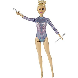 Barbie Rhythmic Gymnast Fashion Doll with Blonde Hair & Brown Eyes, Shimmery Leotard, Baton & Ribbon Accessories 12 Inch