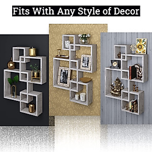 Greenco 4 Cube Intersecting Shelves, Easy-to-Assemble Floating Wall Mount Square Shelves for Bedrooms and Living Rooms, Rustic White Finish